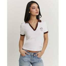 Poloshirt Tally Weijl "STSCOMITSKI", Damen, Gr. L, wei&szlig;, Jersey, Obermaterial: 96% Baumwolle, 4% Elasthan, bedruckt, figurbetont taillenlang, V-Ausschnitt, Shirts Poloshirt, Baumwollmischung, Poloshirt, verk&uuml;rzt geschnitten