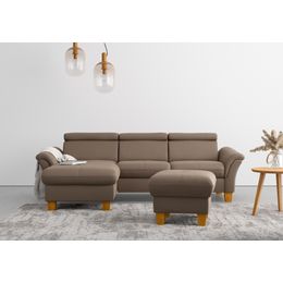 Ecksofa Home Affaire "Lindgren L-Form", braun (nuss), B:258cm H:84cm T:169cm, 100% Polyester, Sofas, Ecksofa, wahlweise mit Bett mit klappbaren Rollen, Kasten und Kopfverstellung