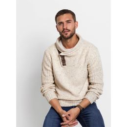 Marco Donati Herren Schalkragenpullover mit Leder-Imitat-Besatz, ecru-gemustert, Gr&ouml;&szlig;e 50