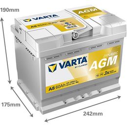 Varta Starterbatterie DYNAMIC AGM 12 V, 60 Ah, 680 A 560901068K262 12V 60Ah 680A f&uuml;r VW PEUGEOT AUDI GAC MERCEDES-BENZ VOLVO OPEL BMW GREAT WALL HYUND