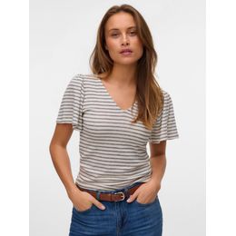 V&eacute;ro Moda T-Shirt VERO MODA "VMGINA 2/4 SHORT TOP JRS GA NOOS", Damen, Gr. XS, schwarz (oatmeal stripes:schwarz), Jersey, Obermaterial: 51% Viskose, 37% Polyester, 8% Leinen, 4% Elasthan, gestreift, relaxed fit h&uuml;ftlang, V-Ausschnitt, Fl&uuml;gel&auml;rmel,weit, Shirts T-Shirt