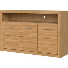 Sideboard OTTO HOME "Ribe,130cm breit, Fronten Massivholz,7 F&auml;cher", braun (eiche teilmassiv), B:130cm H:80cm T:35cm, Holz teilmassiv, Sideboards, Sideboard, Holz massiv, Holzwerkstoff, Metall Griffe,3 T&uuml;ren