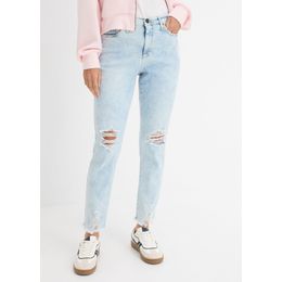 bonprix Mom-Jeans High Waist mit Destroy-Effekten, blau, Gr.36, Modische Mom-Jeans mit ausgefranstem Saum, 82% Baumwolle