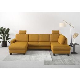 Wohnlandschaft Home Affaire "Summer U-Form", gelb (mustard), B:314cm H:91cm T:170cm, 100% Polyester, Sofas, Wohnlandschaft, mit oder ohne Bettfunktion und Bettkasten, wengefarbene Holzf&uuml;&szlig;e