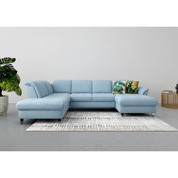 Sit & More Wohnlandschaft SIT & MORE "Maggiore U-Form", blau (hellblau), B:312cm T:224cm, 98% Polyester, 2% Polyamid, Sofas, Wohnlandschaft, wahlweise mit Kopfteilverstellung, Bettfunktion und Stauraum