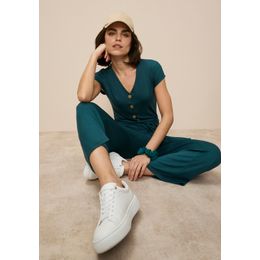 Culotte-Overall Tamaris, Damen, Gr. 38, N-Gr, gr&uuml;n (dunkelgr&uuml;n), Jersey, Obermaterial: 95% Viskose, 5% Elasthan, unifarben, figurumspielend ca. Mitte Wade, V-Ausschnitt, Overalls Culotte-Overall, mit Knopfleiste