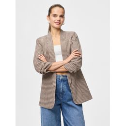 Blusenblazer Pieces "PCBOSELLA 3/4 PRINTED BLAZER NOOS", Damen, Gr. S, braun (silber mink aop:houndstooth), Web, Obermaterial: 98% Polyester, 2% Elasthan, bedruckt, figurumspielend h&uuml;ftbedeckend, V-Ausschnitt, Blazer Blusenblazer, mit 3/4 &Auml;rmel