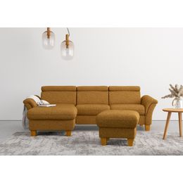 Ecksofa Home Affaire "Lindgren L-Form", gelb (mustard), B:258cm H:84cm T:169cm, 100% Polyester, Sofas, Ecksofa, wahlweise mit Bett mit klappbaren Rollen, Kasten und Kopfverstellung