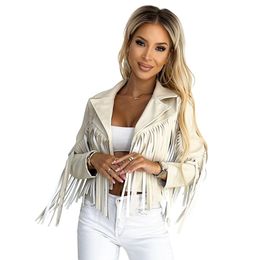 numoco &Uuml;bergangsjacke 'Bikerjacke mit Fransen' Damen Gr&ouml;&szlig;e S/M beige