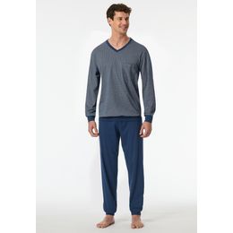 Pyjama Schiesser "Comfort Essentials", Damen, Gr. 62, blau (800, blau), Single Jersey, Obermaterial: 100% Baumwolle, bequem lang, V-Ausschnitt, Homewear-Sets Pyjama, V-Ausschnitt, Brusttasche, Baumwolle, Langarm