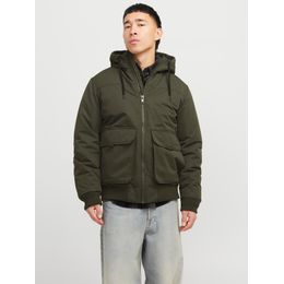 Jack & Jones Bomberjacke JACK & JONES "JJCONSTRUCT BOMBER mit gl&auml;nzender Oberfl&auml;che", Herren, Gr. L, gr&uuml;n (rosin), Web, Obermaterial: 100% Polyester, unifarben, slim fit, Rippb&uuml;ndchen, Jacken Bomberjacke