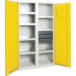 Umweltschrank mit T&uuml;rlochung, HxBxT 1800 x 1000 x 500 mm, 7 Wannenb&ouml;den, lichtgrau / signalgelb kaiserkraft