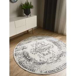 benuta Basic Teppich Sia Cream/Grau &oslash; 120 cm - Vintage-Stil Teppich im Used-Look