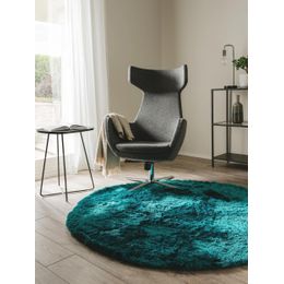 benuta Nest Hochflor Shaggyteppich Whisper T&uuml;rkis &oslash; 80 cm rund - Bettvorleger f&uuml;r Schlafzimmer