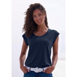 Beach Time Kurzarmshirt BEACHTIME "mit leicht transparenten Streifen", Damen, Gr. 40/42, blau (navy), Obermaterial: 50% Baumwolle, 50% Viskose, gestreift, Basic, bequem normal, tiefer Rundhals, Shirts Kurzarmshirt, aus weicher Baumwoll-Viskose-Qualit&auml;t, Topseller