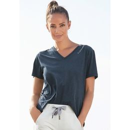 ELBSAND T-Shirt 'Talvi' blau Gr. L (40) f&uuml;r Damen. V-Ausschnitt und Logodruck. Figurumspielend. Nachhaltig.