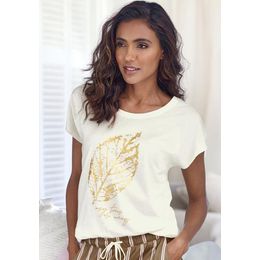 Lascana Pyjamaoberteil braun Gr. 40/42 f&uuml;r Damen. Rundhals und Druck. Bequem. Nachhaltig.