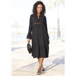 Lascana Midikleid schwarz Gr. 36/38 f&uuml;r Damen. Rundhals und Spitze. Figurumspielend. Nachhaltig.