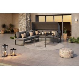 Ambia Garden Dining-Loungeset, Anthrazit, Metall, Glas, Textil, 4-teilig, F&uuml;llung: Polyester, einzeln stellbar, U-Form, 213x67x70 cm, hochklappbare Sonnenblende, Tisch mit Glasplatte, Loungem&ouml;bel, Gartenlounge-Sets