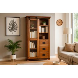 Highboard Vitrine Akazie massiv 100 x 45 x 175 cm nussbaumfarben mit Glasrollt&uuml;r LIBRO