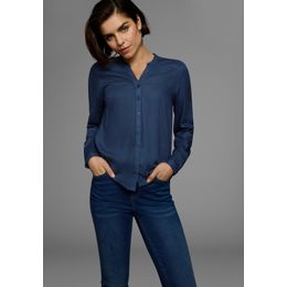 Hemdbluse AJC, Damen, Gr. 32, blau (marine), Web, Obermaterial: 100% Viskose, unifarben, figurumspielend, V-Ausschnitt, mit Riegel 1-Knopf-Manschette, Blusen Hemdbluse, aus weich flie&szlig;ender Viskose