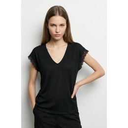 V&eacute;ro Moda Blusenshirt VERO MODA "VMIBILSA S/S V-NECK TOP JRS BTQ", Damen, Gr. XS, schwarz, Jersey, Obermaterial: 64% Viskose, 36% Polyester, unifarben, regular fit, tiefer V-Ausschnitt, Shirts Blusenshirt, mit Spitzendetails
