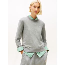 Rundhalspullover Tommy Hilfiger "CO JERSEY STITCH LS C-NK SWT", Damen, Gr. XS (34), med erdgrau, Strick, Obermaterial: 67% Baumwolle, 33% Polyamid, meliert, normal h&uuml;ftlang, Rundhals, B&uuml;ndchen, Pullover Rundhalspullover, mit Logostickerei