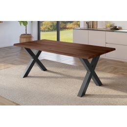 Esstisch 180x90 cm Baumkante Holz Nussbaum-Optik X-Gestell Metall schwarz JULIUS