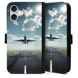 DeinDesign iPhone 16 Plus Handy Klapph&uuml;lle Handyh&uuml;lle aus Kunst Leder schwarz Flip Case Urlaub Wanderlust Airplane Sideflip mit Lasche