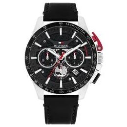 Chronograph Tommy Hilfiger "BANK", schwarz, silberfarben, Armbanduhren, Herren, Chronograph, Quarzuhr, Armbanduhr, Herrenuhr, Lederarmband, analog, Tag