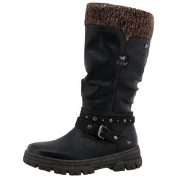 Winterstiefel Mustang Shoes "Tabitha", Damen, Gr. 36, Normalschaft, schwarz (schwarz, braun), Lederimitat, Textil, Schuhe Winterstiefel, Stiefel mit Zierriemchen und Blockabsatz