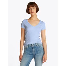 Kurzarmshirt Tommy Jeans "TJW SLIM ESSENTIAL RIB V SHORT SLEEVE", Damen, Gr. XS (34), blau (sweet blau), Feinripp, Obermaterial: 95% Baumwolle, 5% Elasthan, unifarben, slim fit kurz, tiefer V-Ausschnitt, abgesteppt, Shirts Kurzarmshirt, mit gerippter Struktur, V-Ausschnitt, Slim Fit