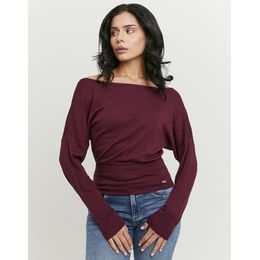 Langarmshirt Tally Weijl "STSCOWASTA", Damen, Gr. S, midnight burgundy, Jersey, Obermaterial: 50% Baumwolle, 45% Modal, 5% Elasthan, unifarben, bequem normal, U-Boot-Ausschnitt, Shirts Langarmshirt, U-Boot-Ausschnitt, Fledermaus&auml;rmel und breitem, eng anliegendem Bund