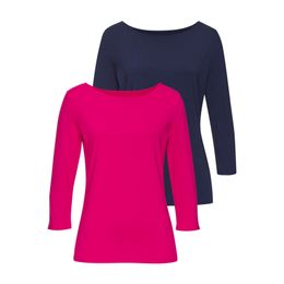 3/4-Arm-Shirt Lascana, Damen, Gr. 32/34, bunt (hibiskus, navy), Single Jersey, Obermaterial: 50% Baumwolle, 45% Modal (TENCEL&trade;), 5% Elasthan, unifarben, Basic, bequem, U-Boot-Ausschnitt, Shirts 3/4-Arm-Shirt, aus elastischer Baumwoll-Modal-Qualit&auml;t, Topseller