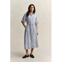 Hemdblusenkleid Gant "STRIPED LINEN", Damen, Gr. 38, N-Gr, evening blau, Web, Obermaterial: 100% Leinen, gestreift, regular fit wadenlang, Rundhals, eingesetzt gerader Abschluss, Kleider Hemdblusenkleid, Regular fit mit Bindeg&uuml;rtel