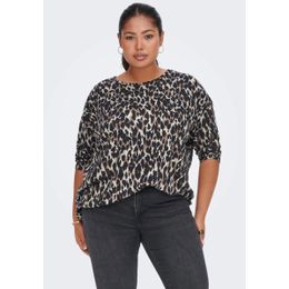3/4-Arm-Shirt Only CARMAKOMA "CARALBA 3/4 TOP", Damen, Gr. S, braun (braun leo), Jersey, Obermaterial: 95% Polyester, 5% Elasthan, figurumspielend kniefrei, Rundhals, Shirts 3/4-Arm-Shirt