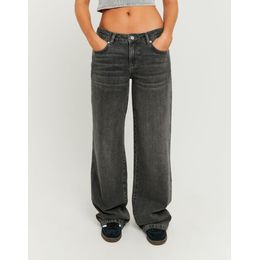 Low-rise-Jeans Tally Weijl "SPADEPALLAS", Damen, Gr. 40, N-Gr, grau wash, Denim/Jeans, Obermaterial: 69% Baumwolle, 30% Lyocell, 1% Elasthan, Abriebeffekte, straight fit lang, Jeans, Baumwollmischung, Low-Waist mit geradem Beinverlauf und Strass-Anh&auml;nge