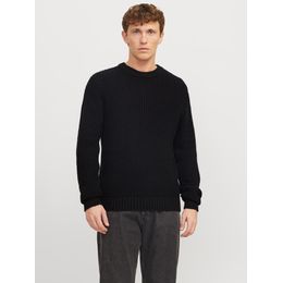 Jack & Jones Rundhalspullover JACK & JONES "JCOZION KNIT CREW NECK BF", Herren, Gr. M, schwarz, Strick, Obermaterial: 60% Baumwolle, 40% Polyacryl, unifarben, loose fit, Rundhals, Rippstrickb&uuml;ndchen, Pullover Rundhalspullover, mit markanter Struktur