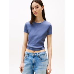Kurzarmshirt Tommy Jeans "TJW ESSENTIAL RIB SHORT SLEEVE EXT", Damen, Gr. M (38), blau (blau moment), Single Jersey, Obermaterial: 95% Baumwolle, 5% Elasthan, unifarben, slim fit h&uuml;ftlang, Rundhals, abgesteppte Kante, Shirts, Baumwollmischung in gerippter Struktur, Slim Fit