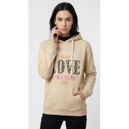 Hoodie Zwillingsherz "Wild Love", Damen, Gr. SM (S/M), beige, Sweatware, Obermaterial: 50% Baumwolle, 50% Polyester, unifarben mit Farbeinsatz, comfort fit h&uuml;ftlang, V-Ausschnitt, Sweatshirts Hoodie, mit Wording Leo Love und Stickerei