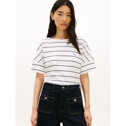 Kurzarmshirt Tommy Hilfiger "MDRN CODY SS SLV C-NK TEE", Damen, Gr. S (36/38), fine stp ecu, schwarz night navy, Single Jersey, Obermaterial: 100% Baumwolle, gestreift, gerade h&uuml;ftlang, Rundhals, Shirts Kurzarmshirt, mit dezenter Logo-Stickerei, Relaxed Fit