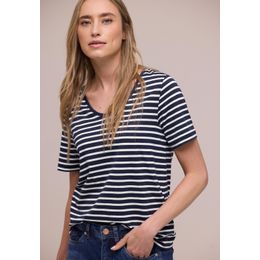 Kurzarmshirt Street One "Style Gerda", Damen, Gr. 40, shadowed navy, Jersey, Obermaterial: 50% Baumwolle, 50% Modal, geringelt, gestreift, normal h&uuml;ftbedeckend, Rundhals, Shirts, im Streifen-Look und mit Rundhals