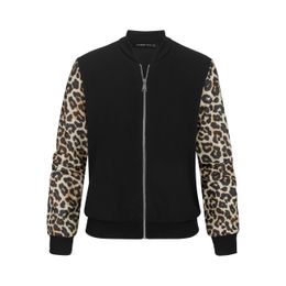 Bomberjacke CLOUD 5IVE "CLOUD 5IVE Bomber Jacket 2-Tone Leo Sleeve Print", Damen, Gr. L, schwarz, 95% Polyester, 5% Elasthan, mehrfarbig, normal, amerikanischer Ausschnitt, Jacken Bomberjacke