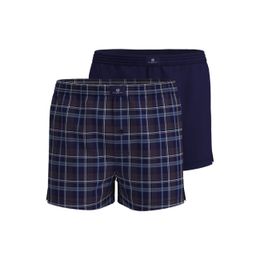 Webboxer Bugatti, Herren, Gr. 5, 2 Stk., blau, dunkel, karo, Webqualit&auml;t, Obermaterial: 100% Baumwolle, kariert, unifarben, Unterhosen Webboxer, Eingriff mit Knopf