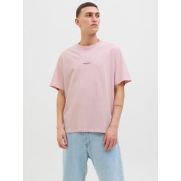 Jack & Jones Print-Shirt JACK & JONES "JORTAVIRA POSTER TEE SS CREW NECK", Herren, Gr. M, rosa (tickled pink), Jersey, Obermaterial: 100% Baumwolle, bedruckt, regular fit taillenbedeckt, Rundhals, gerader Abschluss, Shirts Print-Shirt, mit Backprint