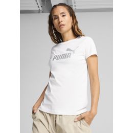T-Shirt Puma "ESS NO 1 LOGO METALLIC TEE", Damen, Gr. L, Puma wei&szlig;, metallic silber, Jersey, Obermaterial: 100% Baumwolle, bedruckt, regular fit normal, Rundhals, Shirts T-Shirt, Regular Fit, Kurzarm, Rundhalsausschnitt