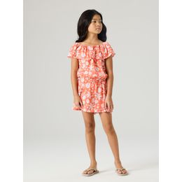 Kurzoverall name it "NKFVINAYA PLAYSUIT FFF", M&auml;dchen, Gr. 140, N-Gr, fusion coral aop:tropical, Web, Obermaterial: 98% Polyester, 2% Elasthan, bedruckt, regular fit kurz, Carmenausschnitt, Overalls Kurzoverall, Kunstfaser, elastischer Bund, Allover-Druck