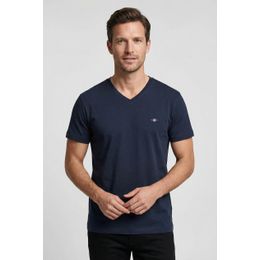 T-Shirt Gant "SLIM SHIELD V-NECK T-SHIRT", Damen, Gr. XXL, blau (evening blau), Jersey, Obermaterial: 100% Baumwolle, unifarben, Basic, slim fit h&uuml;ftbedeckend, V-Ausschnitt, abgesteppte Kante, Shirts T-Shirt, mit einer kleinen Logostickerei auf der Brust