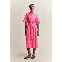 Hemdblusenkleid Gant "LINEN", Damen, Gr. 42, N-Gr, bright fuschia, Web, Obermaterial: 100% Leinen, unifarben, regular fit wadenlang, Rundhals, eingesetzt gerader Abschluss, Kleider Hemdblusenkleid, Regular fit mit Bindeg&uuml;rtel