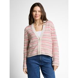 Cardigan Tom Tailor, Damen, Gr. S, pink beige stripe, Strick, Obermaterial: 100% Baumwolle, gestreift, regular fit normal, V-Ausschnitt, Rollkante, Strickjacken Cardigan, mit Streifen Muster